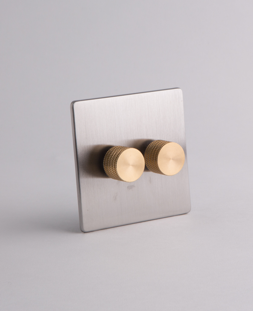 Silver Double Dimmer Switch with Black, White, Gold or Silver Knobs