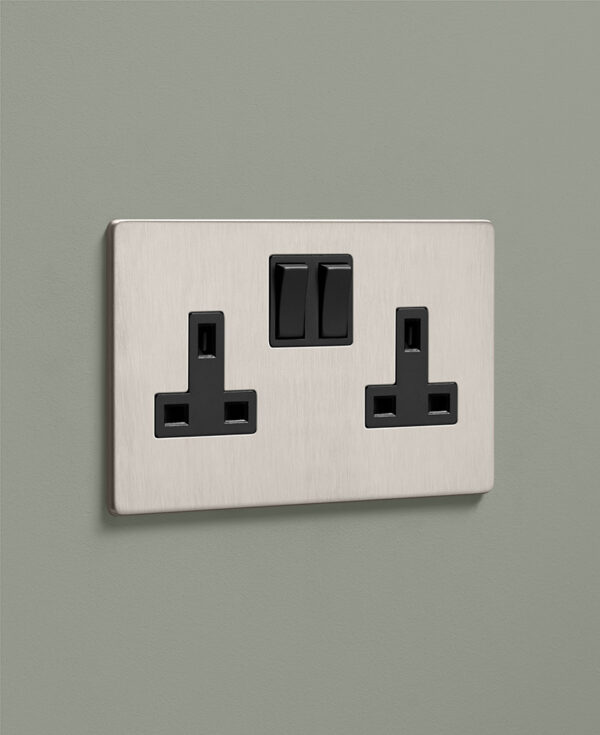 Silver Double Socket | Brushed Silver Plug Socket