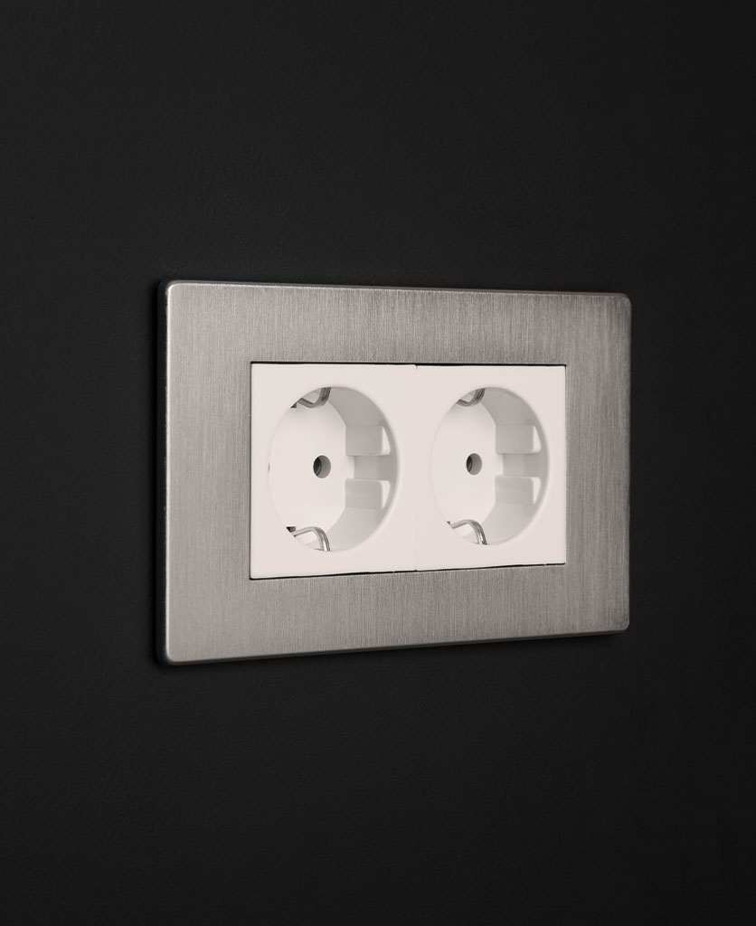 Silver Double Schuko Socket with Black or White Inserts